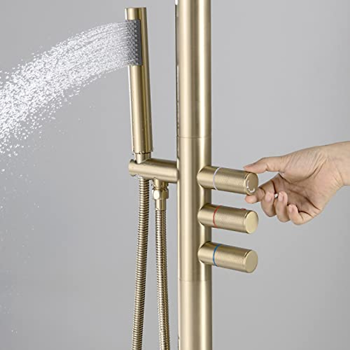 RBROHANT Outdoor Shower Brass Outside Shower Kit for Backyard Garden Pool Beach, Freestanding Outdoor Shower Fixtures with Overhead Shower Head and Hand Shower, Floor Mounted, Brushed Gold, RB0090