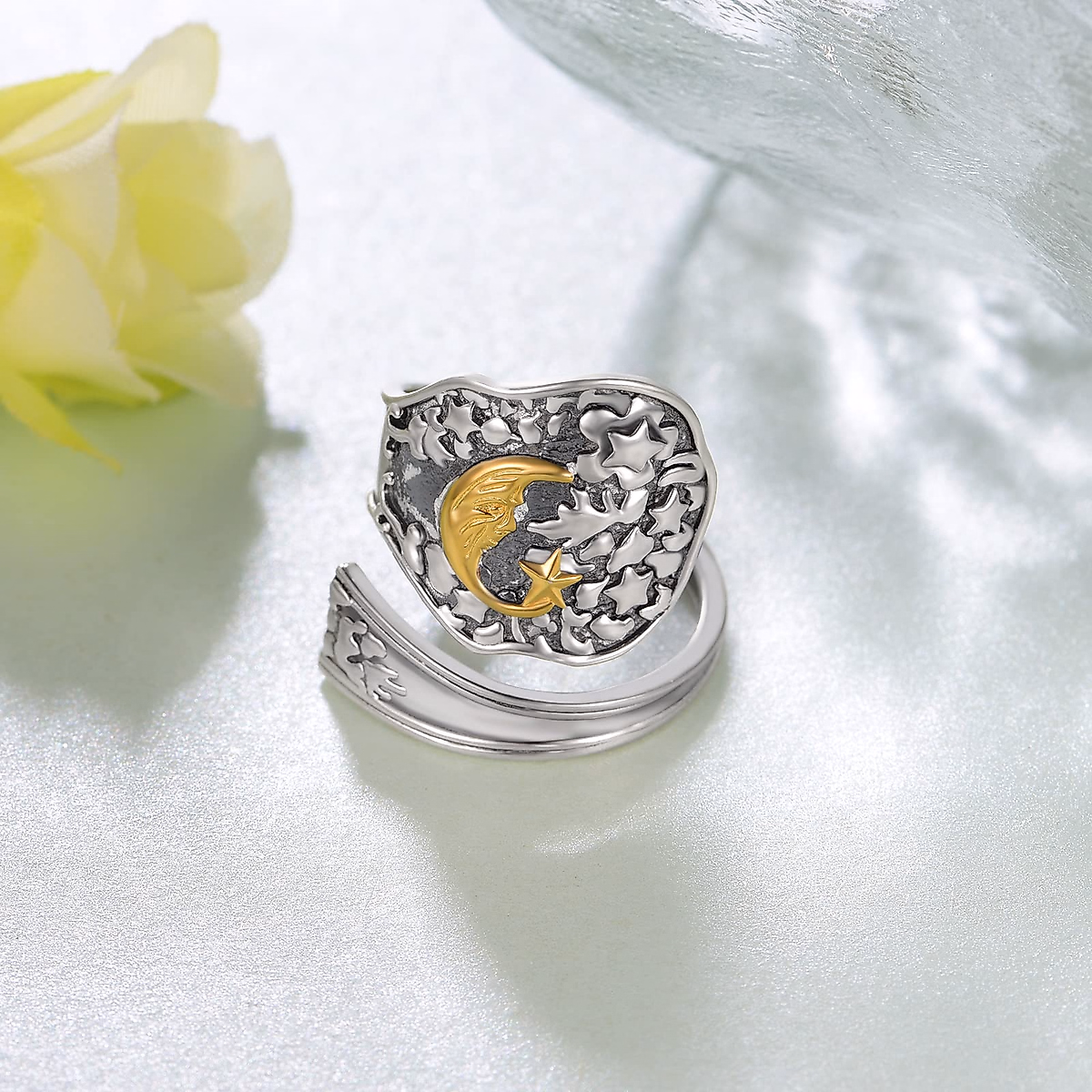 Moon Star Spoon Ring Boho Vintage Finger Open Ring Retro Adjustable Wrap Bands Thumb Rings for Women