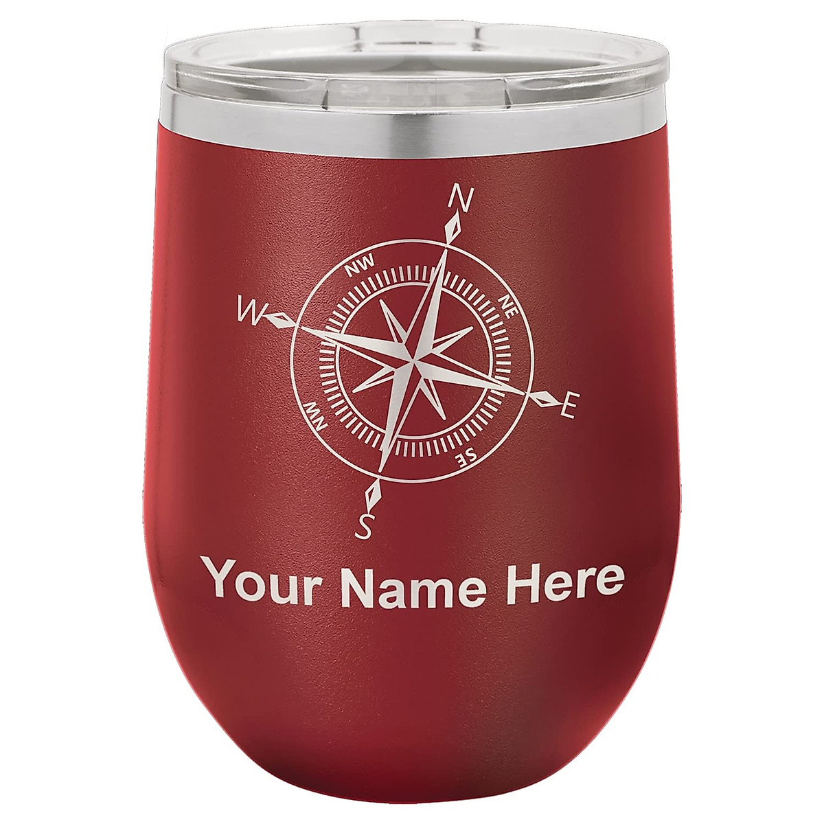 LaserGram Double Wall Stainless Steel Wine Glass Tumbler, Compass Rose, Personalized Engraving Included (Maroon)