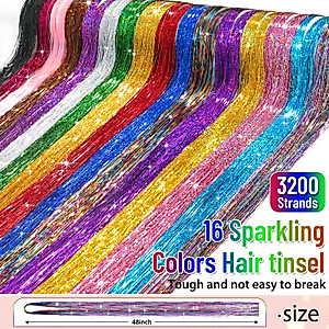 Hair Tinsel Kit (48 Inch, 16 Colors, 3200 Strands), Glitter Sparkling Tinsel Hair Extensions with Tools, Heat Resistant Fairy Hair Tinsel Kit for Women Girls Cosplay Party Festival Hair Accessories