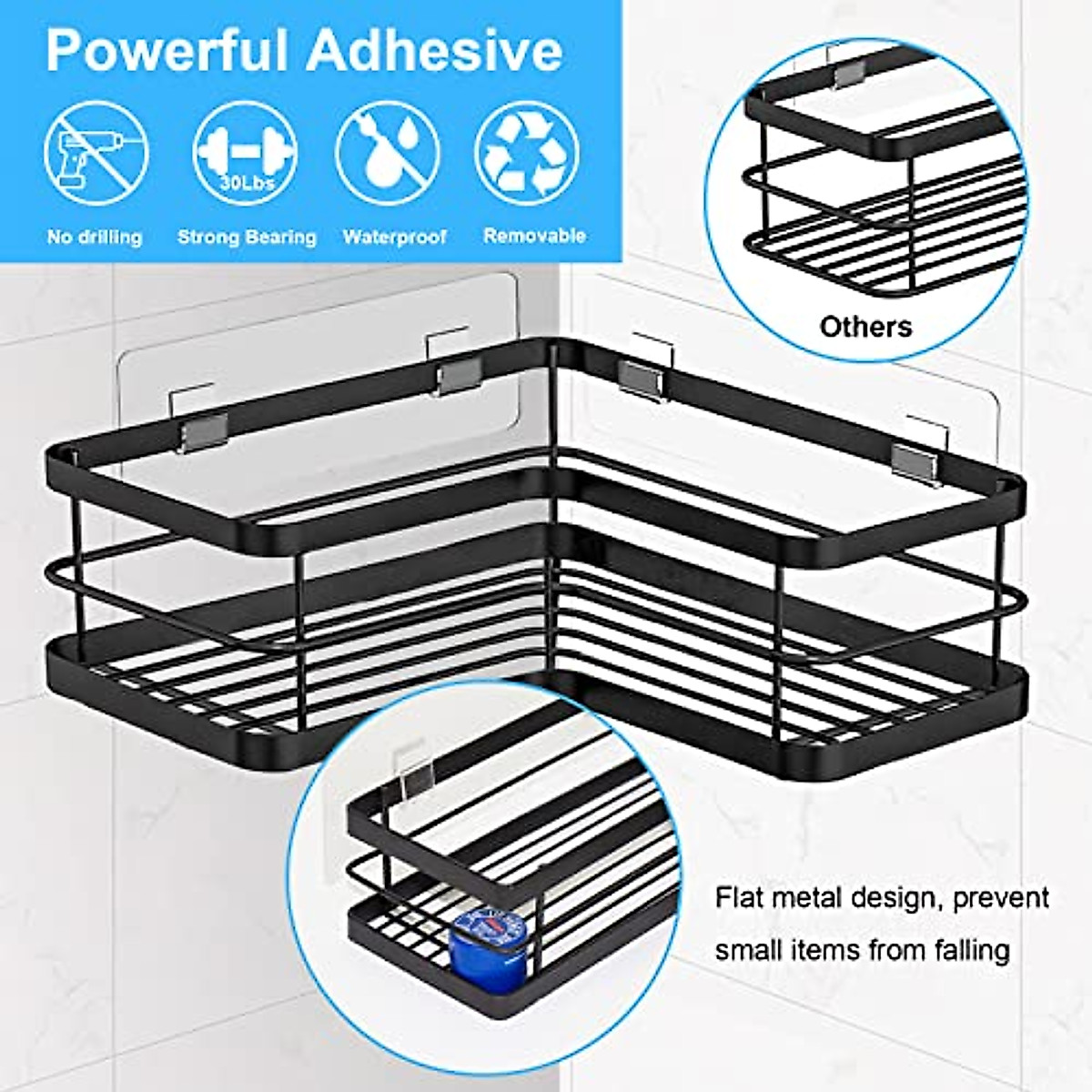 homyfort Adhesive Corner Shower Caddy Shelf Basket Rack and Bar Soap Holder with 4 Hooks, Rust Proof No Drilling Shower Organizer Corner Shower Basket for Bathroom Toilet Kitchen Storage, Black