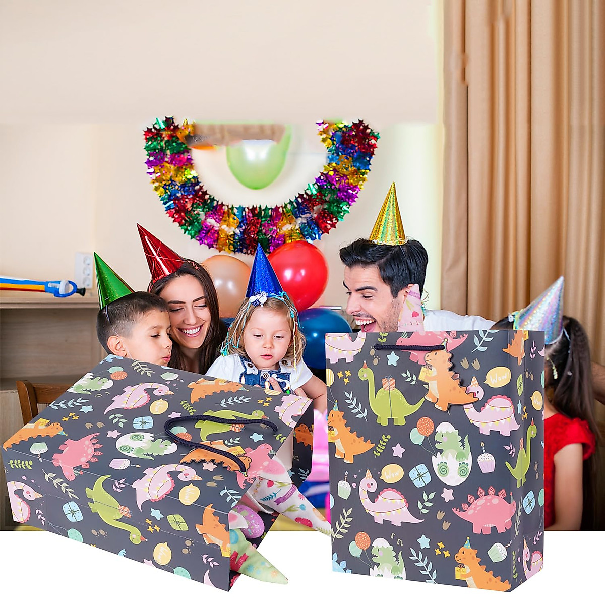 Ranfashiong 13" Large Gift Bag with Tissue Paper and Card for Boys Kids Birthday Baby Shower (Black Dinosaurs 1 PCS)