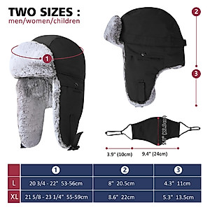 GADIEMKENSD Winter Trapper Hat for Men Warm Russian Ushanka for Women Snow Ski Hunting Trooper Hat with Ear Flaps Chin Strap Windproof Mask Faux Fur Hat Cold Weather Caps Black, XL