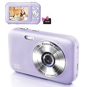 Digital Camera, FHD 1080P Kids Camera with 32GB SD Card 44MP Point and Shoot Camera with 16X Digital Zoom, Compact Portable Small Digital Camera for Teens Students Kids Girls Boys Beginner-Purple