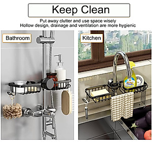 SIMCAS Faucet Sponge Holder Kitchen Sink Caddy, Over The Sink Shelf Drain Rack for Sink Organizer & Storage, Stainless Kitchen Sink Accessory for soap, Peeler,Brush (Double with Dishcloth Rack,Black)