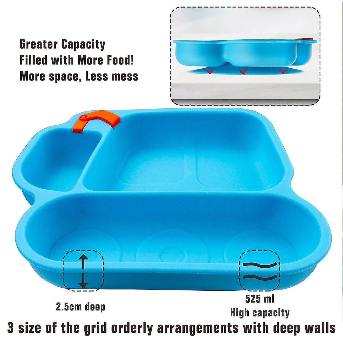 Baby Plate Silicone Divided, Suction Toddler Plates Dishes for Toddler Kids Self Feeding, BPA Free, Microwave & Dishwasher Safe (Bue)