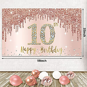Happy 10th Birthday Banner Backdrop Decorations with Confetti Balloon Garland Arch, Rose Gold 10 Birthday Banner Balloon Set for Girls, Pink 10 Year Old Bday Poster Photo Booth Decor