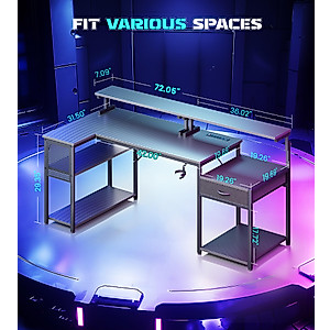 DOMICON Computer Desk 72" L Shaped Desk with Power Outlets, Gaming Desk with LED Lights & Long Adjustable Monitor Stand, Corner Desk with Storage, Cup Holder & Headset Hooks (Black Carbon Fiber)