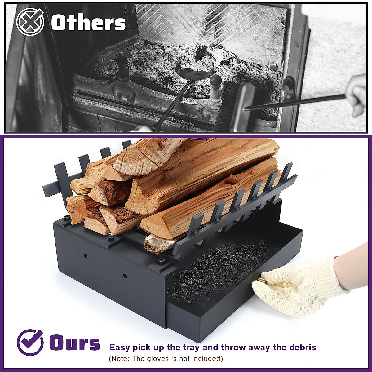 Mxclimate Fireplace Ash Tray Fireplace Log Grate kit,Ember Holder Fireplace Pan for Ash Collection,14'' Firewood Log Burning Rack Fire Grates for Indoor Outdoor Pit Camping Firepit