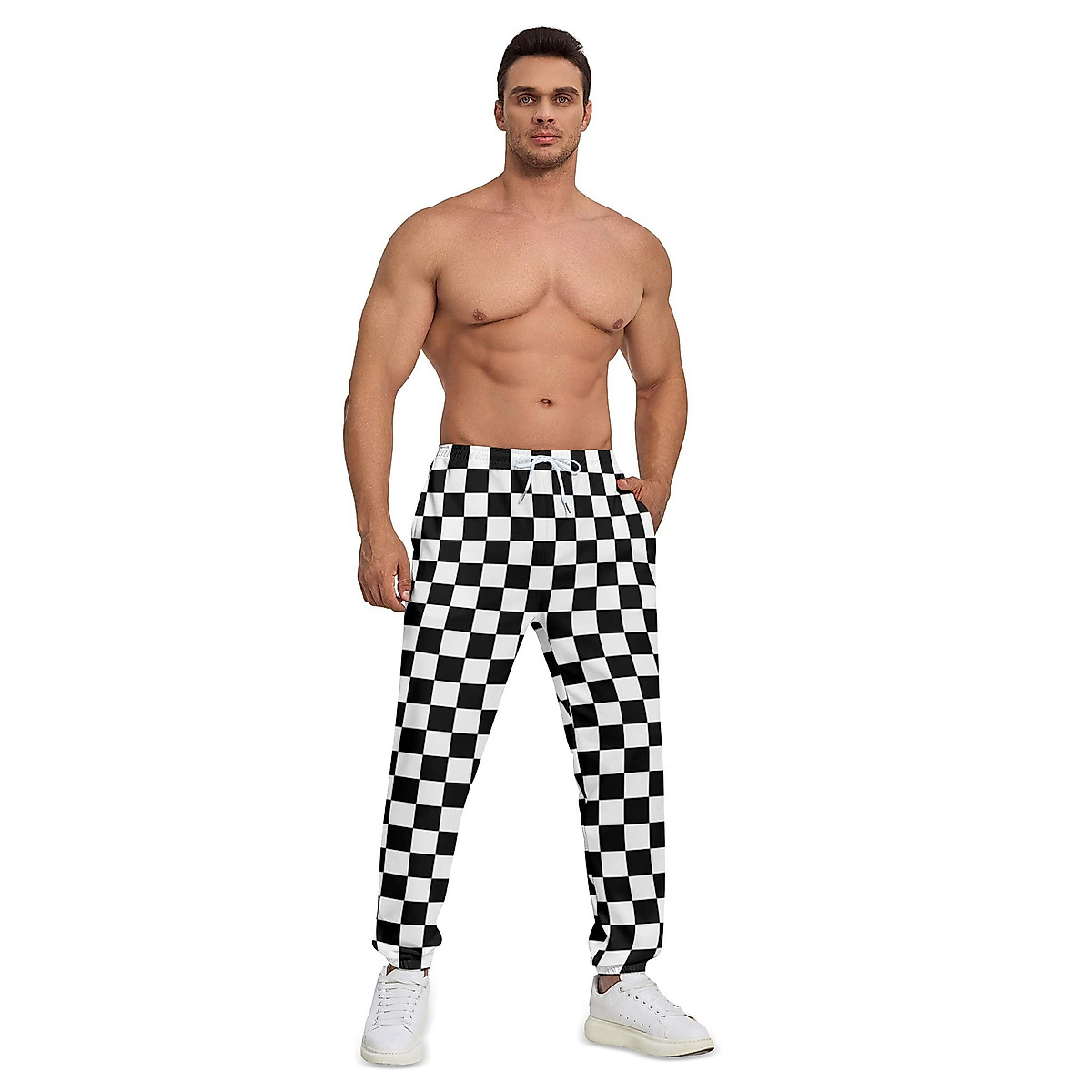 INZVKJLU Black and White Checkered Pants for Men - Sweatpants and Joggers - Plaid Gingham Style