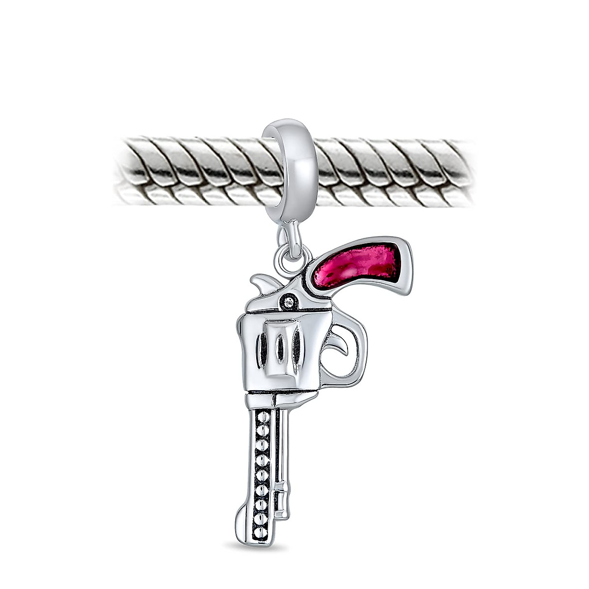 Western Marksmen Pistol Revolver Gun Dangle Bead Charm For Women Oxidized .925 Sterling Silver Fits European Bracelet