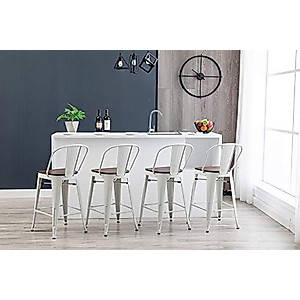 HAOBO Home Metal Bar Stools Modern Industrial Counter Height Stools Dining Chairs (24", High Back White Wooden Seat)[Set of 4]
