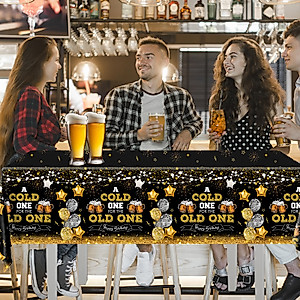 Juweked Beer Party Decorations,Black and Gold Happy Birthday Tablecloth for Men A Cold One for The Old One Plastic Tablecloth for 30th 40th 50th Birthday Cheers and Beers Party Supplies