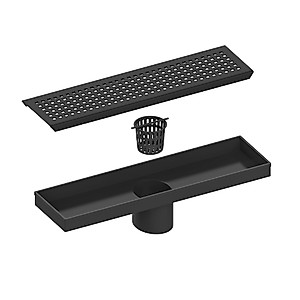 Neodrain 12-Inch Black Linear Shower Drain with Removable Quadrato Pattern Grate,Professional 304 Stainless Steel Rectangle Shower Floor Drain Manufacturer,Leveling Feet,Hair Strainer,Matte Black