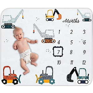 EARVO Baby Monthly Milestone Blanket Boy or Girl Construction Truck Baby Month Blanket with Wreath Frame Cartoon Truck Milestone Blanket for Newborn to 12 Months Milestones 47”x40”BTZDEA8