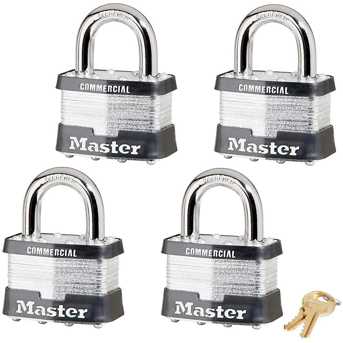 Master Lock Padlock - 2" W Body x 1" L Shackle, Four (4) Keyed Alike Locks 5 NKA-4 w/Bump Stop Technology