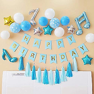 Tellpet Light Blue HAPPY BIRTHDAY Banner with 5 pcs Gold Confetti Balloons