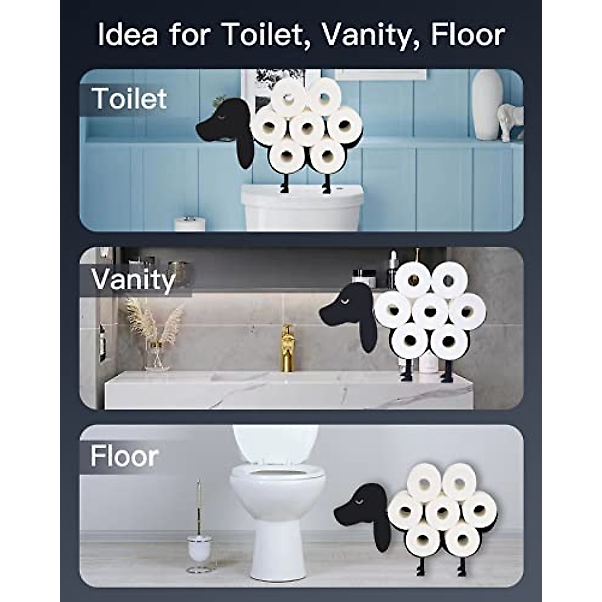 Dachshund Toilet Paper Storage, Funny Dog Wall Mounted or Free Standing Bathroom Toilet Paper Holder, Metal 8 Rolls Tissue Organizer for Home Decor