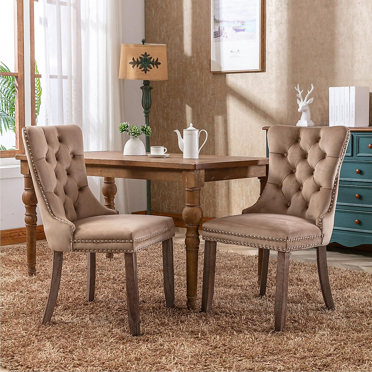 Hixkol Velvet Dining Chairs Set of 2,Upholstered Dining Chairs with Ring Pull Trim and Button Back,Modern Seating for Kitchen, Bedroom & Living Room(Khaki)