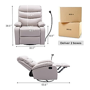 GNMLP2020 Swivel Rocking Recliner Chair, Manual Recliner Chair with Cell Phone Holder, PU Leather Small Rock Recliner Easy to Operate Reclining for Living Room, Nursery, Beige