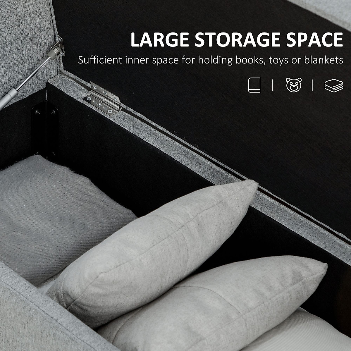 HOMCOM Upholstered Storage Ottoman, Armed Storage Bench with Rubber Wood Legs for Living Room, Light Gray