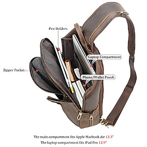 Polare Vintage Full Grain Leather Sling Bag for Men Multipurpose Daypack Shoulder Chest Crossbody Bag Travel Backpack Large Fits iPad Pro 12.9''