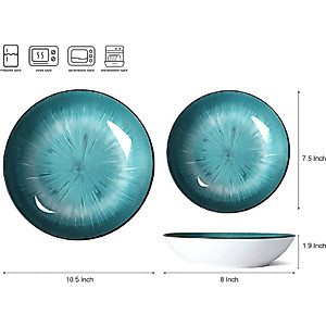 Bestone 12 Piece Round Kitchen Dinnerware Set,Plates and Bowls sets,Dishes, Plates, Bowls, Dish Set，Plates and Bowls,Service for 4, Chip Resistant Porcelain，Starburst Turquoise green