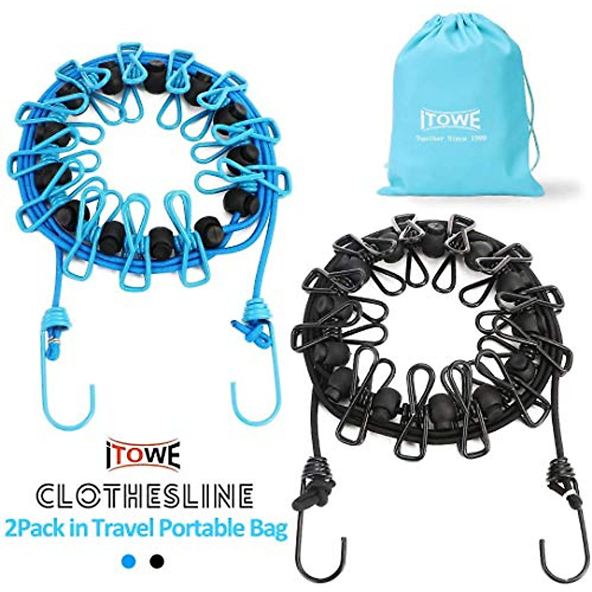 iTOWE 2Pack Portable Clothesline with 12 Pins Travel Clothesline Retractable Elastic Laundry Clothes Line with 12 Clothespin for Backyard Vacation Hotel Balcony Clothes Drying Line Camping Accessories