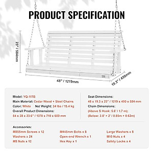 VEVOR Wooden Porch Swing 4.5 ft, Patio Bench Swing for Courtyard & Garden, Upgraded 880 lbs Strong Load Capacity, Heavy Duty Swing Chair Bench with Hanging Chains for Outdoors, White