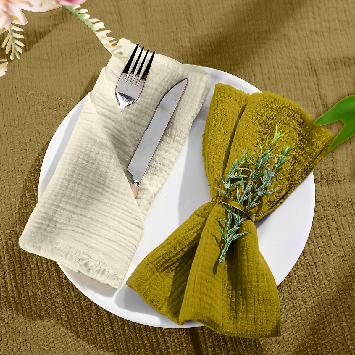 12 Pack Handmade Cloth Napkins with Fringe 100% Cotton Linen Napkins 16"x16" Rustic Cheesecloth Cloth Napkins for Wedding Party(Yellow Series)