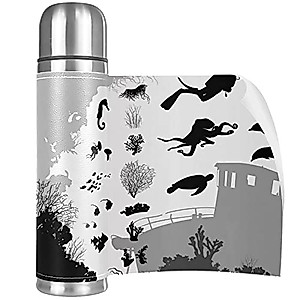 Silhouettes of Sea Fish and Animals Stainless Steel Coffee Thermos, Double Walled Insulated Water Bottle for Outdoor Sports, Office, Car (17 OZ/500ML)