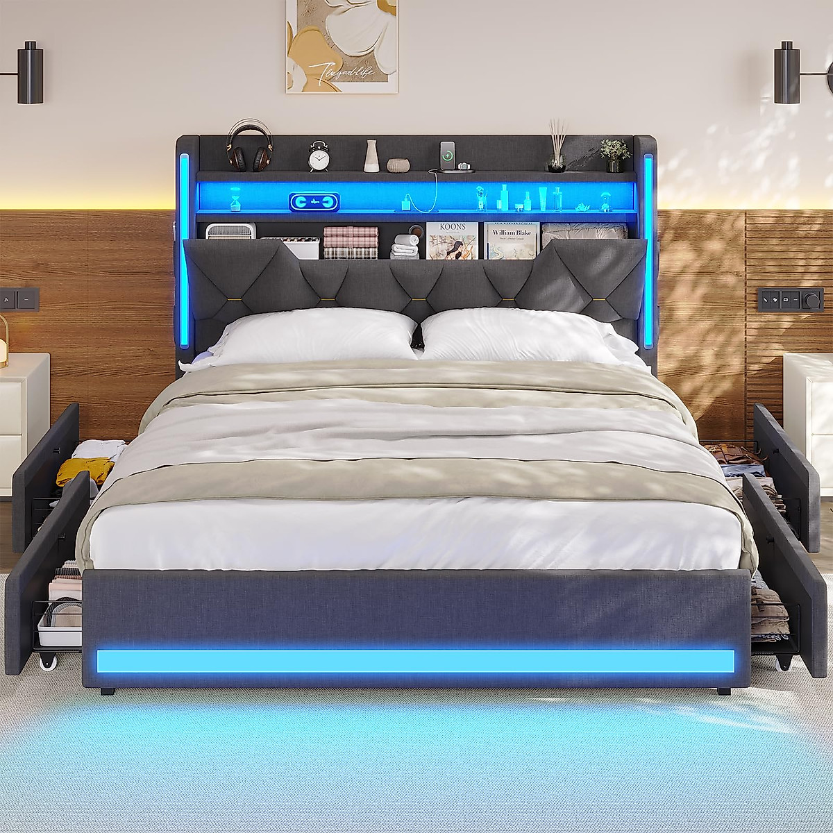 busyaeh King Bed Frame and Headboard with Storage, King Size Bed Frame with LED Lights & Charging Station, Upholstered King Bed Frame, No Noise, No Box Spring Needed, Easy Assembly