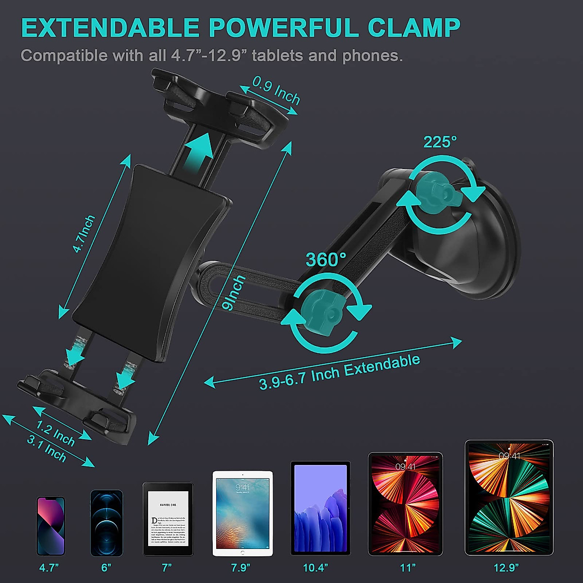 Tablet Car Dashboard & Windshield Mount, Universal 360° Adjustable Window Dash Suction Cup Holder for iPad Pro 12.9/11/10.5/9.7/Air/Mini 6 5 4, Samsung Galaxy, 4.7-12.9" Tab & Phone, 1* TPU Sticky Pad