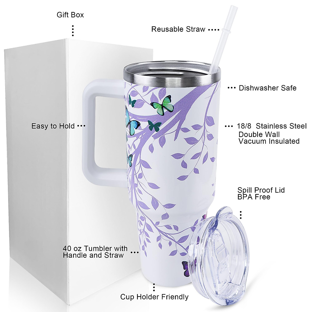 PERRIFIC Butterfly Tumbler 40 oz Tumbler with Handle and Straw Lid Leak Proof - Butterfly Coffee Travel Mug with Handle Insulated for Hot and Cold Drink Ice - Mothers Day Birthday Gifts for Women Cup
