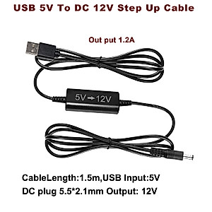 QIUCABLE 5V to 12V DC Converter, 5V USB to 12V DC Step Up Cable - 5FT 1.2A Boost Voltage Transformer, Compatible with Power Bank/CCTV System/Monitor/Camera/Speakers