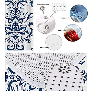 RyounoArt 4Pcs Damask Print Shower Curtain Sets with Non-Slip Rugs Toilet Lid Cover and Bath Mat Navy Blue Floral Paisley Shower Curtain Indigo Abstract Flowers Boho Style Bathroom Decor