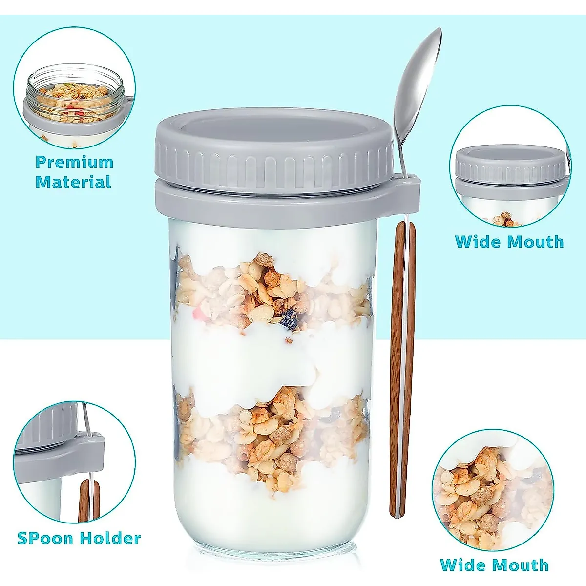 YehTrum Overnight Oats Containers with Lids and Spoon, 4 Packs 22 oz Glass Mason Jars for Overnight Oats, Large Capacity Oatmeal Container Mason Overnight Oats Jars for Milk, Cereal, Fruit