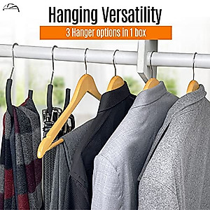 Wooden Hangers 20 Pack- Extras Included- 5 Shoulder Shapers - 2 Bag or Scarf Hangers- 3 Hanger Options in 1 Box- Non-Slip Pants Bar, Rotating Hook, Rounded Notches- Great Suit Hangers- 27 Total Pieces