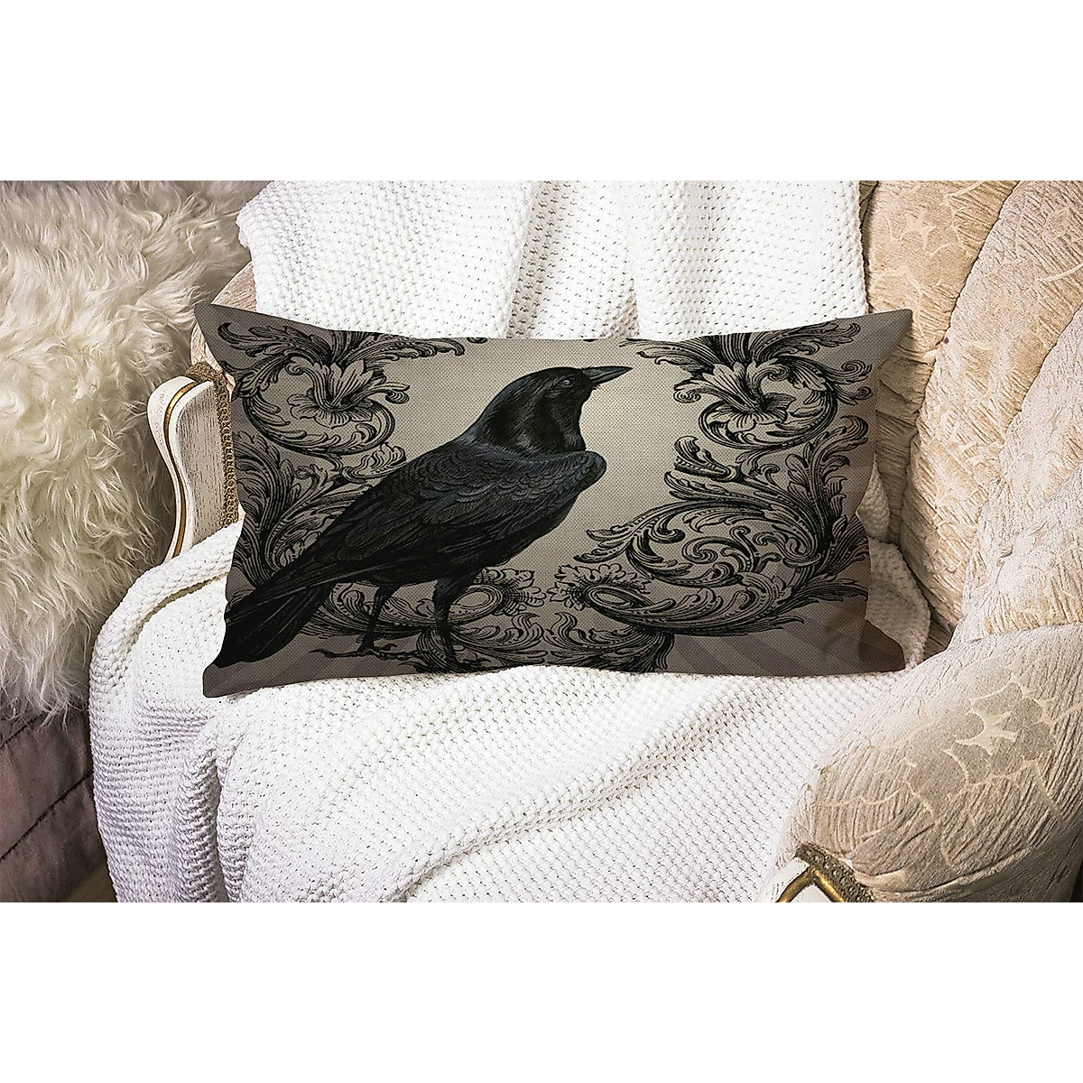Smooffly Crow Throw Pillow Case Vintage Crow Black Flower Waist Lumbar Cotton Linen Cushion Cover Oblong Rectangle Pillowcase for Men Women Home Decorative Sofa Armchair Bedroom Livingroom 12x20 inch