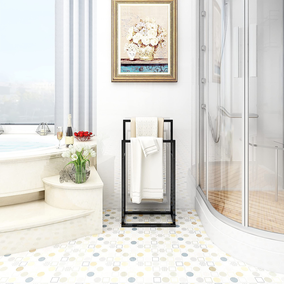 HAHRIR 2-Tier Metal Towel Rack Modern Freestanding Black Towel Rack, Bathroom Metal Storage Towel Rack, Black