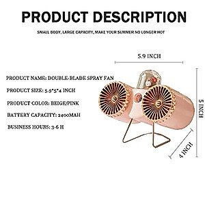 Mini Portable Fan, Dual Head with 3 Speeds Strong Wind, Personal USB Air Conditioner Humidifier Mini Cooling Fan 7 Colorful Nightlight for Home Travel,Office,and Camping, Outdoor (Pink)