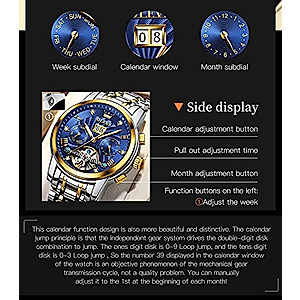 OLEVS Men Automatic Watch Skeleton 5 Hands Mechanical Blue Classic Luxury Multi Calendar Stainless Steel Waterproof Wrist for
