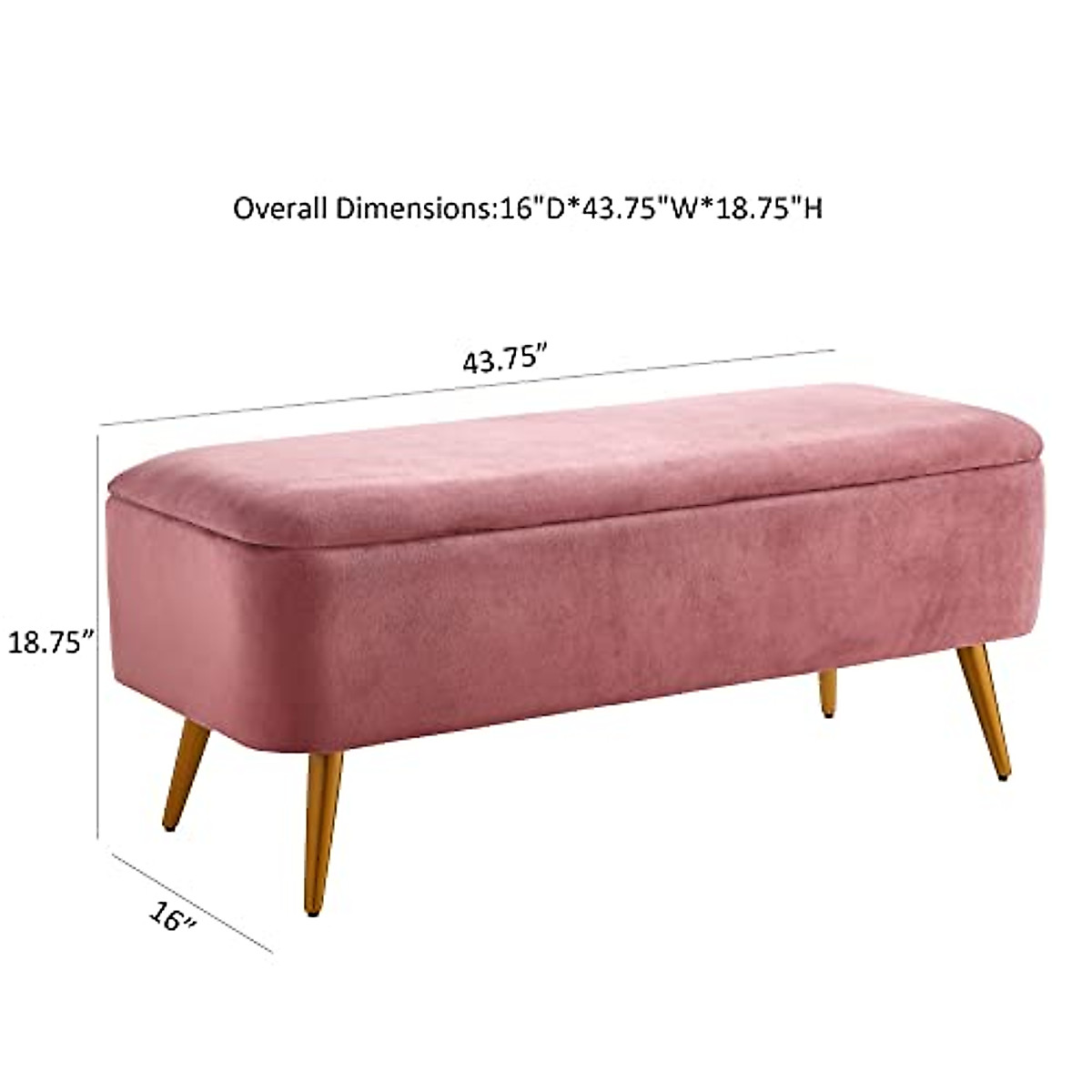 Ball & Cast Upholstered Velvet Storage Bench 44"W x 16"D x 18"H Rose,Golden Powder Coating Legs Set of 1