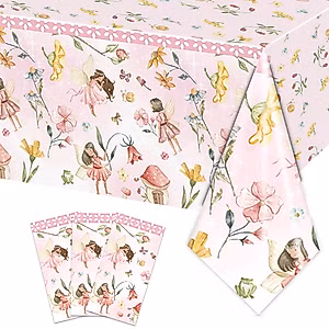 XUELIREN 3PCS Fairy Party Tablecloth for Girls 1st 2rd First Birthday Fairies Enchanted Themed Baby Shower Party Decorations Garden Flower Table Cover-54x108IN