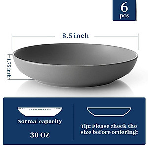 Y YHY Pasta Bowls Set of 6, Large Salad Serving Bowls, Porcelain Soup Bowls 30 Ounces, Wide and Flat, Microwave Dishwasher Safe, Matte Grey