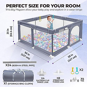 KAIZAAN Baby Playpen, Large Baby Play Yards Featuring Mesh Panels and Baby Gate Playpen, Playpen for Babies and Toddlers, Keep Your Little one Safe & Happy with Our Foldable PlayPin(Gray,50”×50”)
