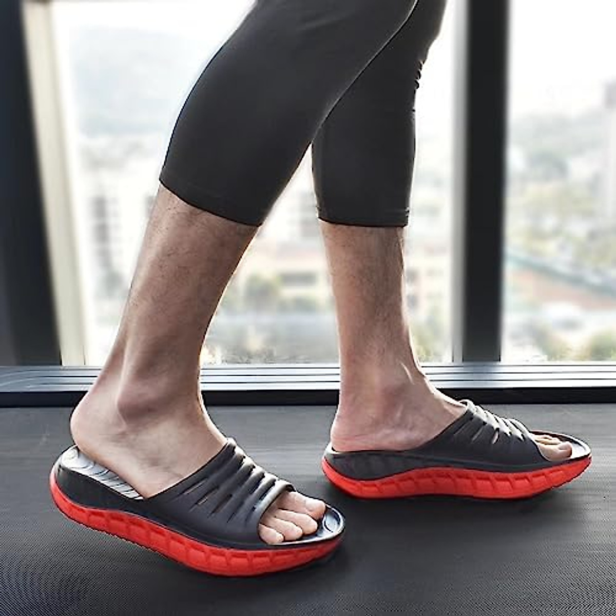 KuaiLu Mens Recovery Walking Sandals Sport Comfort Cushion Athletic Slides Orthotic Plantar Fasciitis Open Toe Slip On Wide Width Thick Foam Sandles Summer Pool Beach Slippers Black Red Size 10