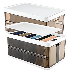 CINPIUK Stackable Storage Bins with Lids, Clear Drawer Organizers for Clothing, Collapsible Storage Bins Closet Drawers for Clothes, Toys, w/ Removable Grids, 3Pcs
