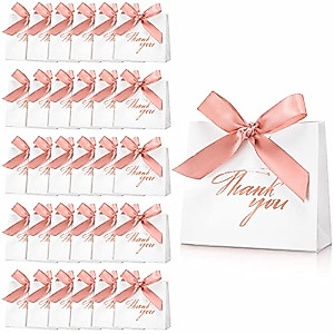32 Pack Small Thank You Gift Bags with Rose Gold Bow Ribbon Wedding Party Favor Bags Mini Paper White Treat Thank You Box for Wedding Bridal Shower Birthday Baby Shower, 4.5 x 1.8 x 3.9 Inch