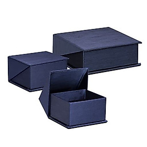 Necklace/Earrings/Ring Box, (Multipule Slits For All At Once) - Navy Blue Colored - Silk Brushed Cardboard Paper Jewelry Gift Box With Elite Modern Angled Closure, Velvet Topped Foam Interior
